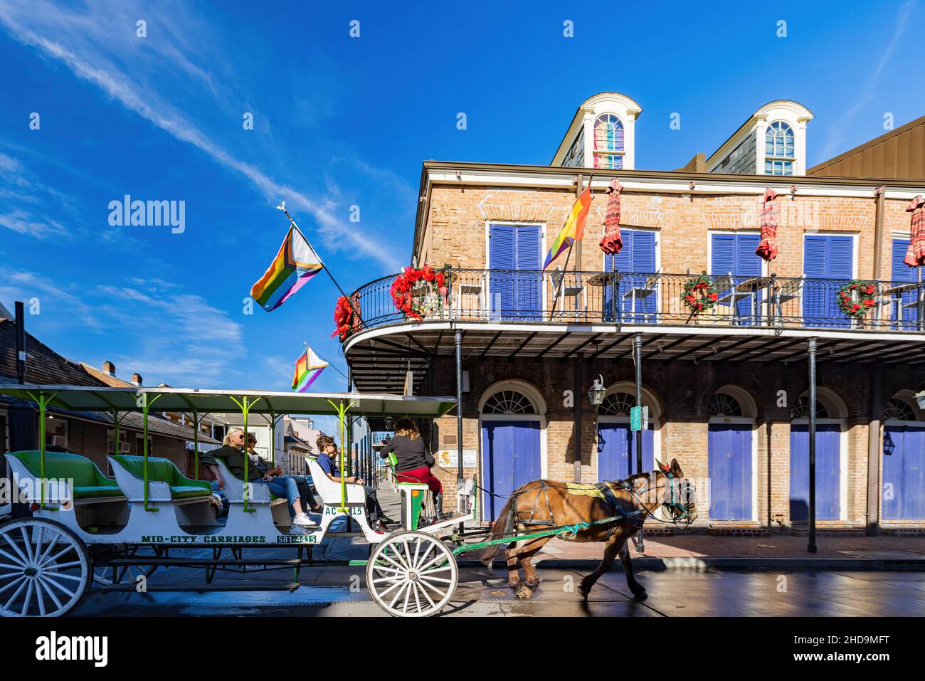 Louisiana, DEC 24 2021 - Mule carriage walking the beautiful historical ...