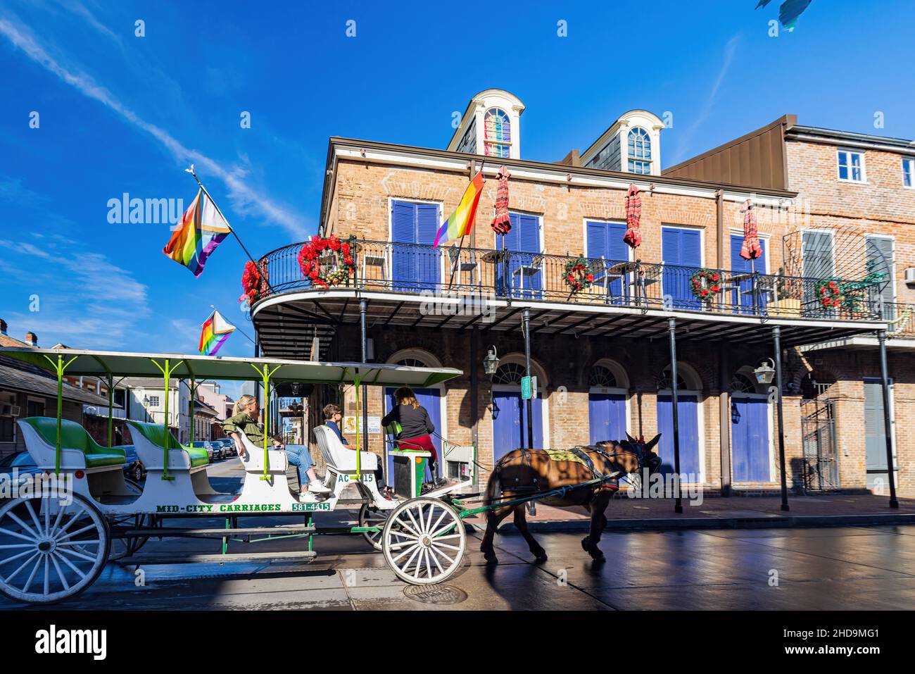 Louisiana, DEC 24 2021 - Mule carriage walking the beautiful historical ...