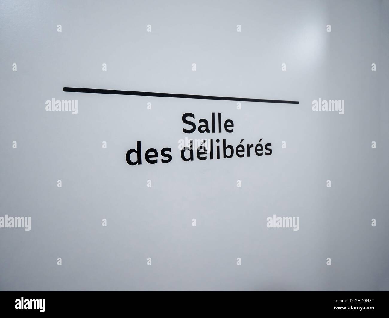 Salle des deliberes translated as deliberation room - inscription Stock ...
