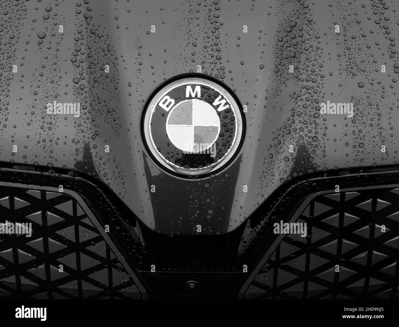 Front view of Logotype insignia covered with rain drops on new BMW iX ...