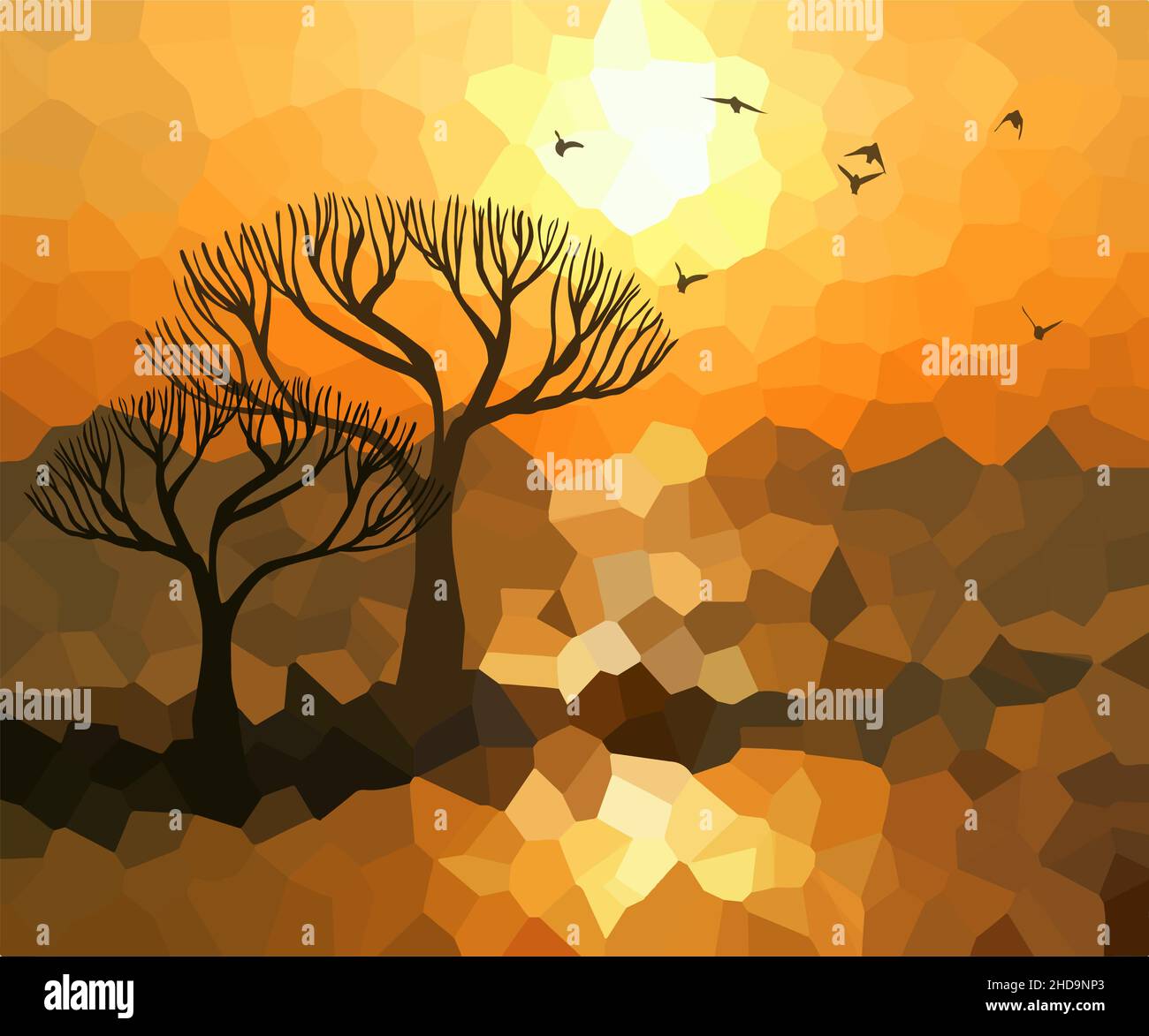 Sunset trees and birds. Abstract vector illustration Stock Vector Image ...