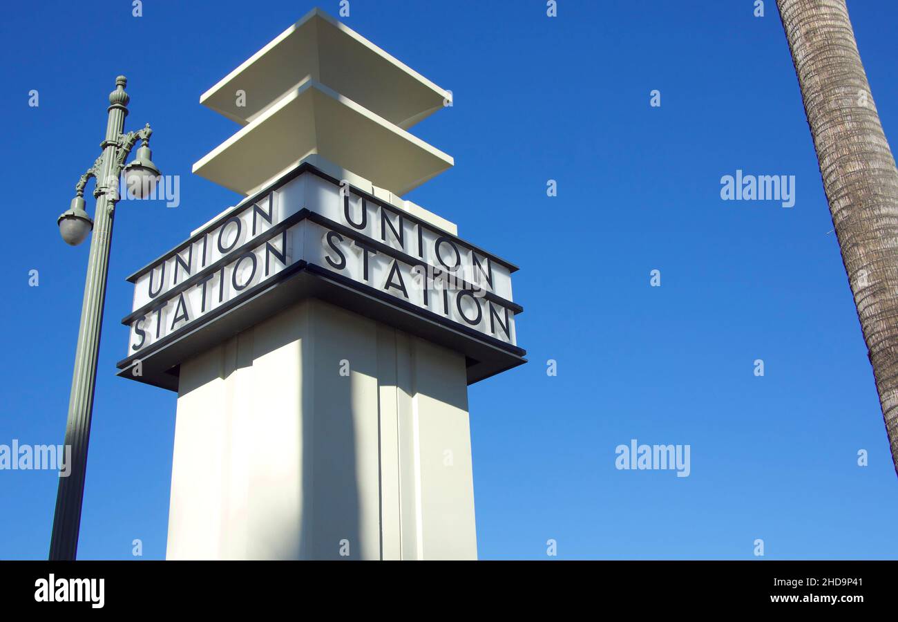 View of the Union Station sign in Los Angeles California on a clear ...