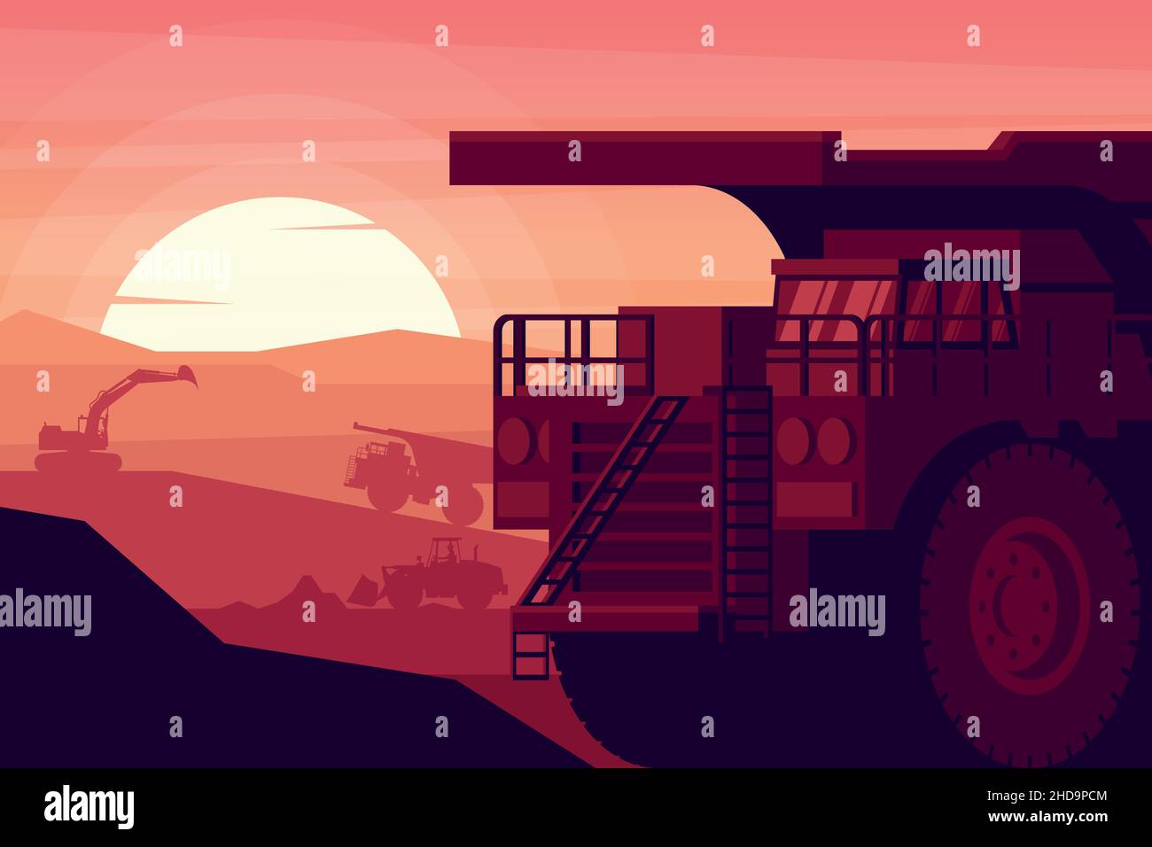 sunset background with heavy machinery of mining truck, excavator and ...