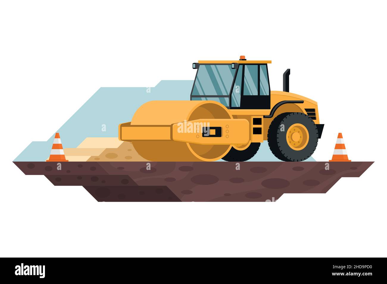 Soil compactor roller with safety cones in construction and mining work ...