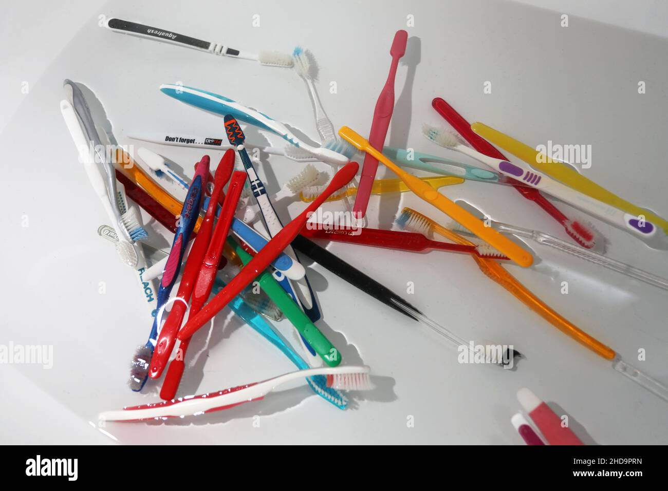 A selection of colourful plastic toothbrushes in a pot in a bathroom in ...