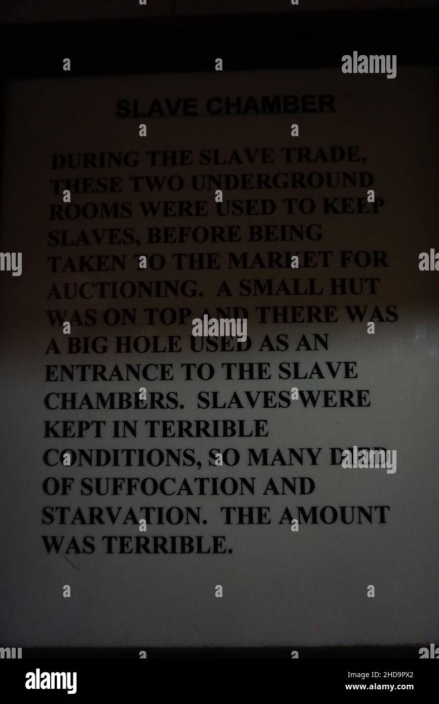 Sign in the slave chambers at the Slave Market Memorial, Stone Town ...