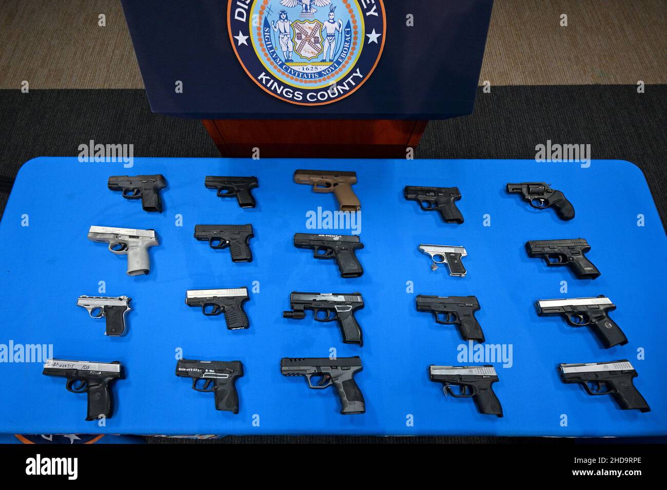 New York, USA. 04th Jan, 2022. View of twenty guns used by alleged gang ...