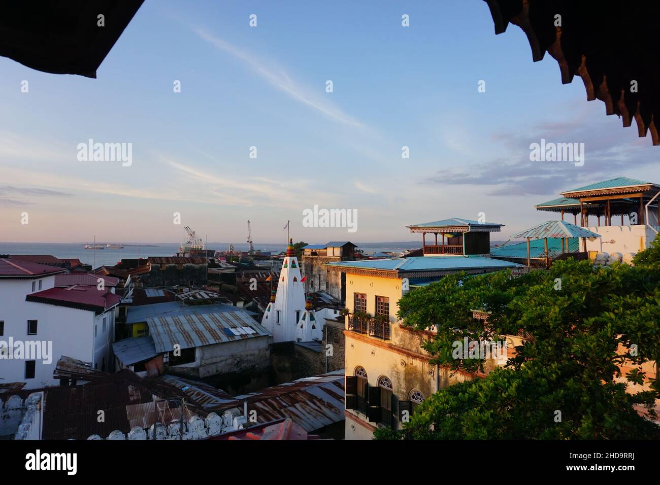 View onto the old town of Stone Town, Zanzibar at sunset, Tanzania 2021 ...