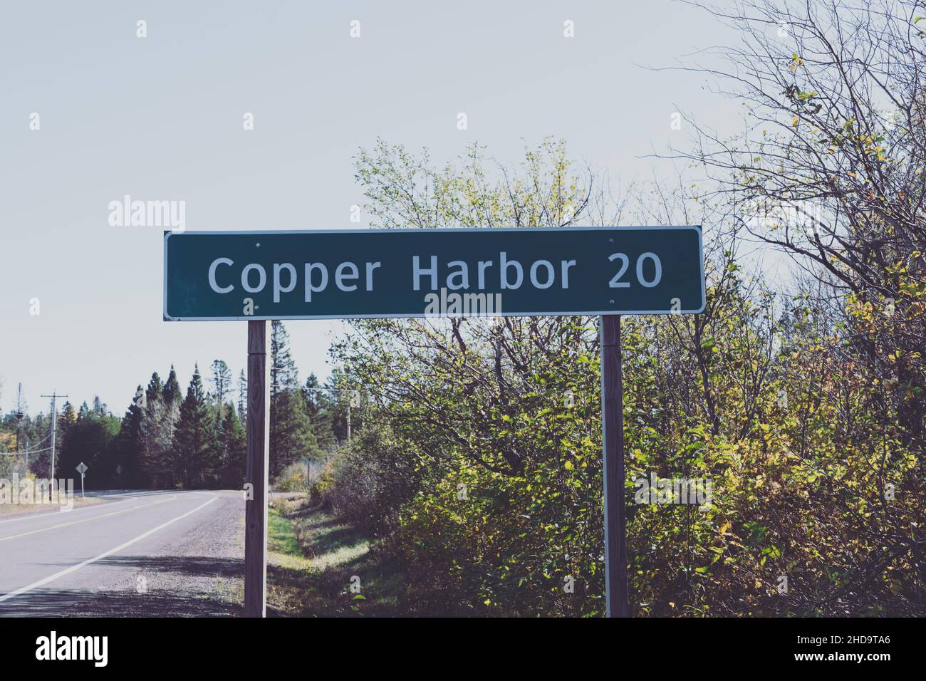 Road sign giving mileage to Copper Harbor, a small city in the Upper ...