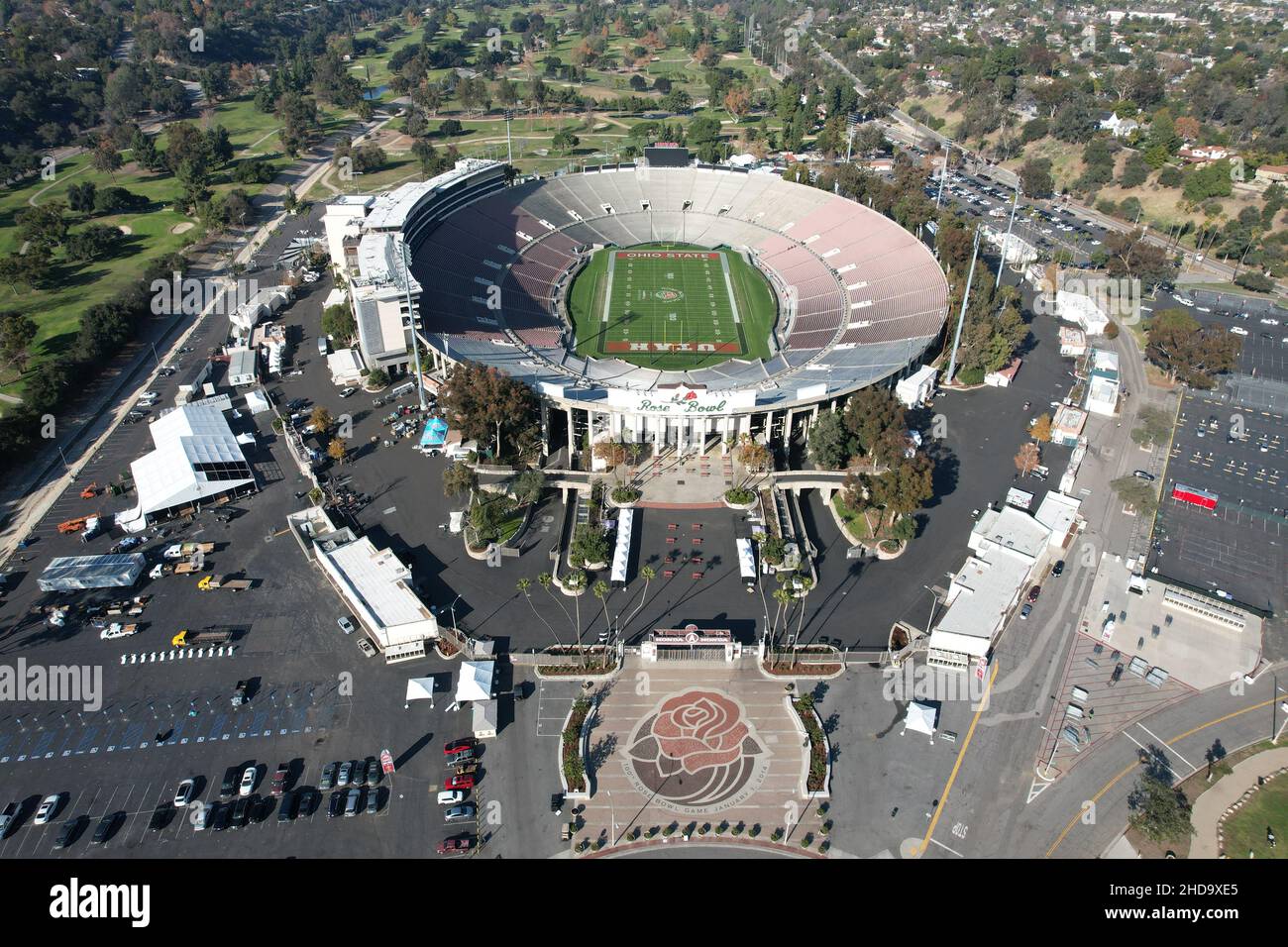 An aerial view of the Rose Bowl Stadium football field with the logos ...