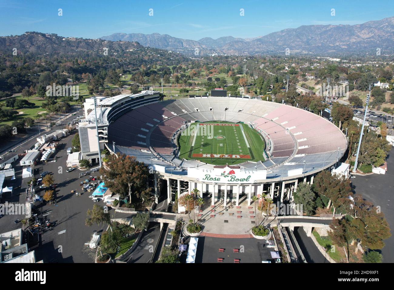An aerial view of the Rose Bowl Stadium football field with the logos ...