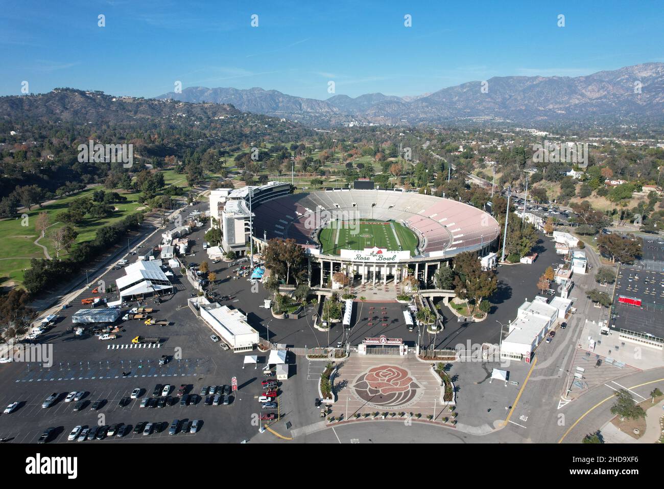 An aerial view of the Rose Bowl Stadium football field with the logos ...
