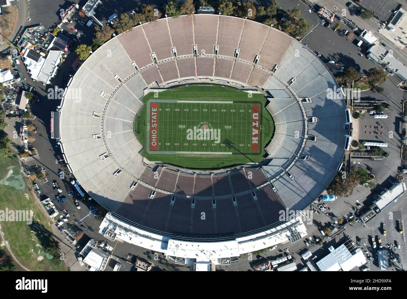 An aerial view of the Rose Bowl Stadium football field with the logos ...