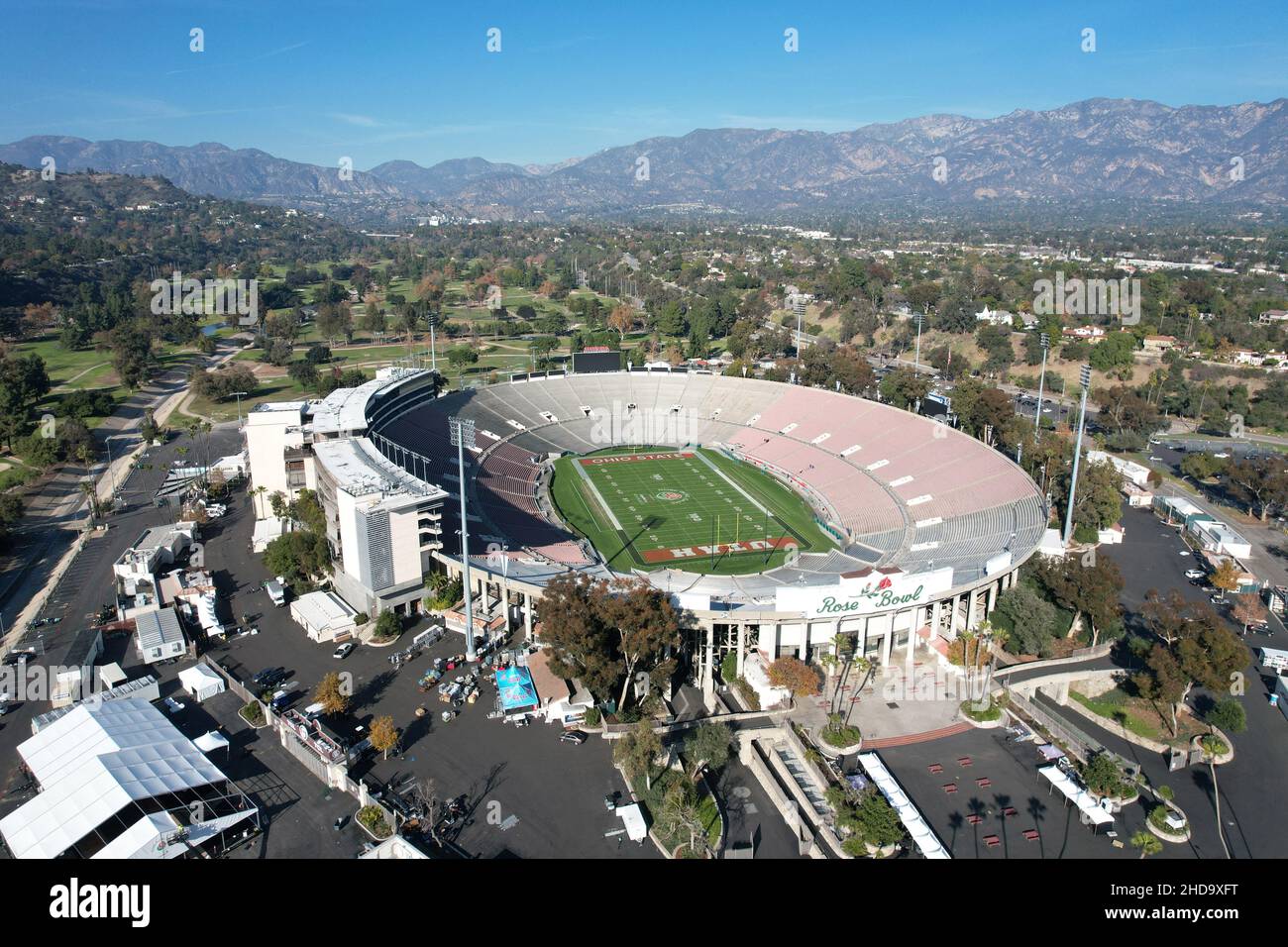 An aerial view of the Rose Bowl Stadium football field with the logos ...