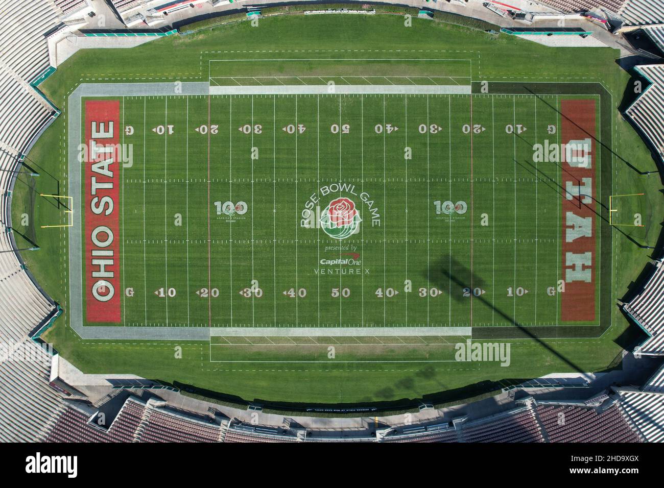 An aerial view of the Rose Bowl Stadium football field with the logos ...