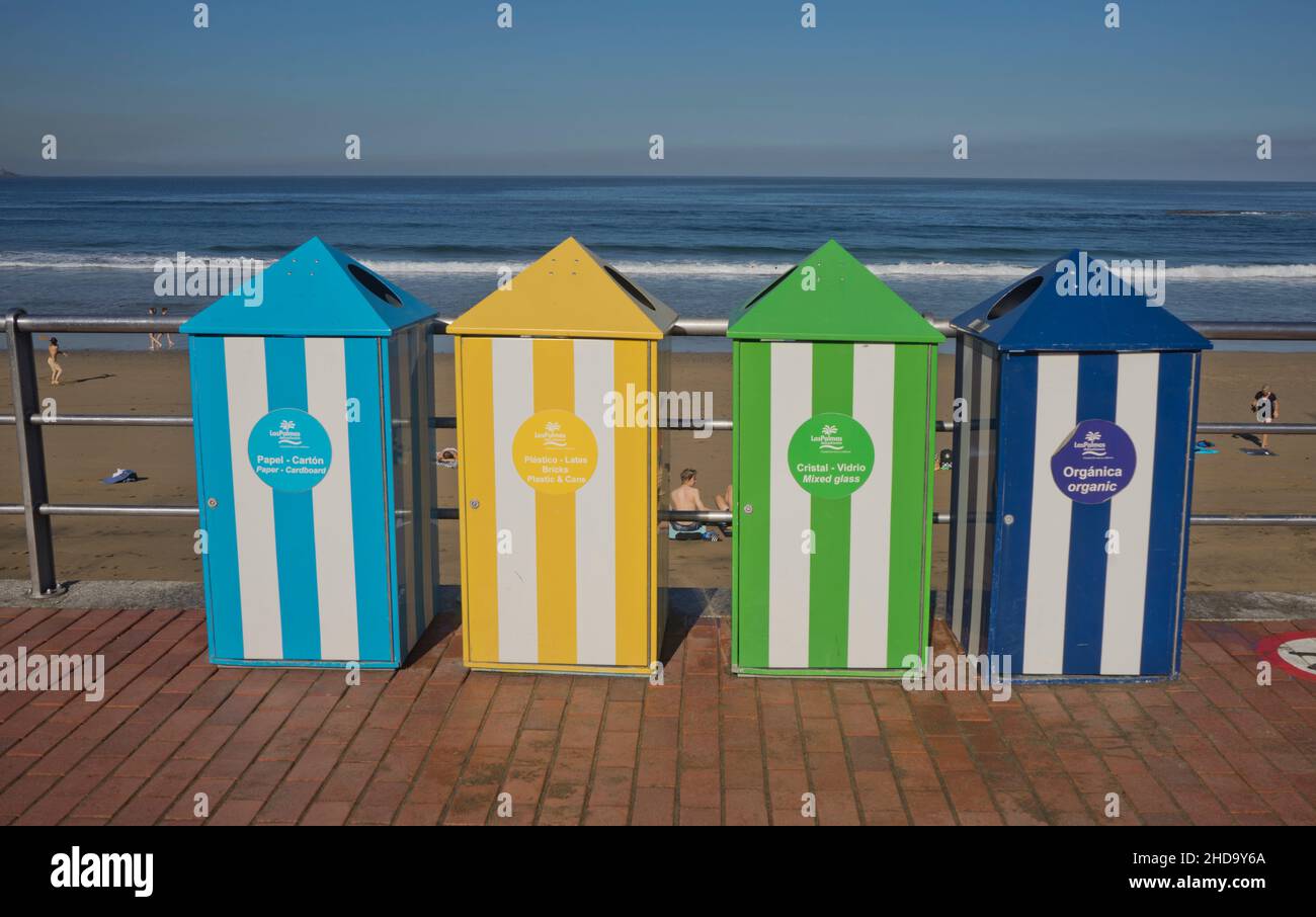 Waste recycling containers in Las Canteras beach in Las Palmas, Gran ...