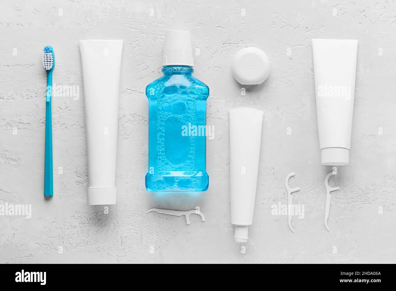 Set of dental hygiene on light background Stock Photo - Alamy