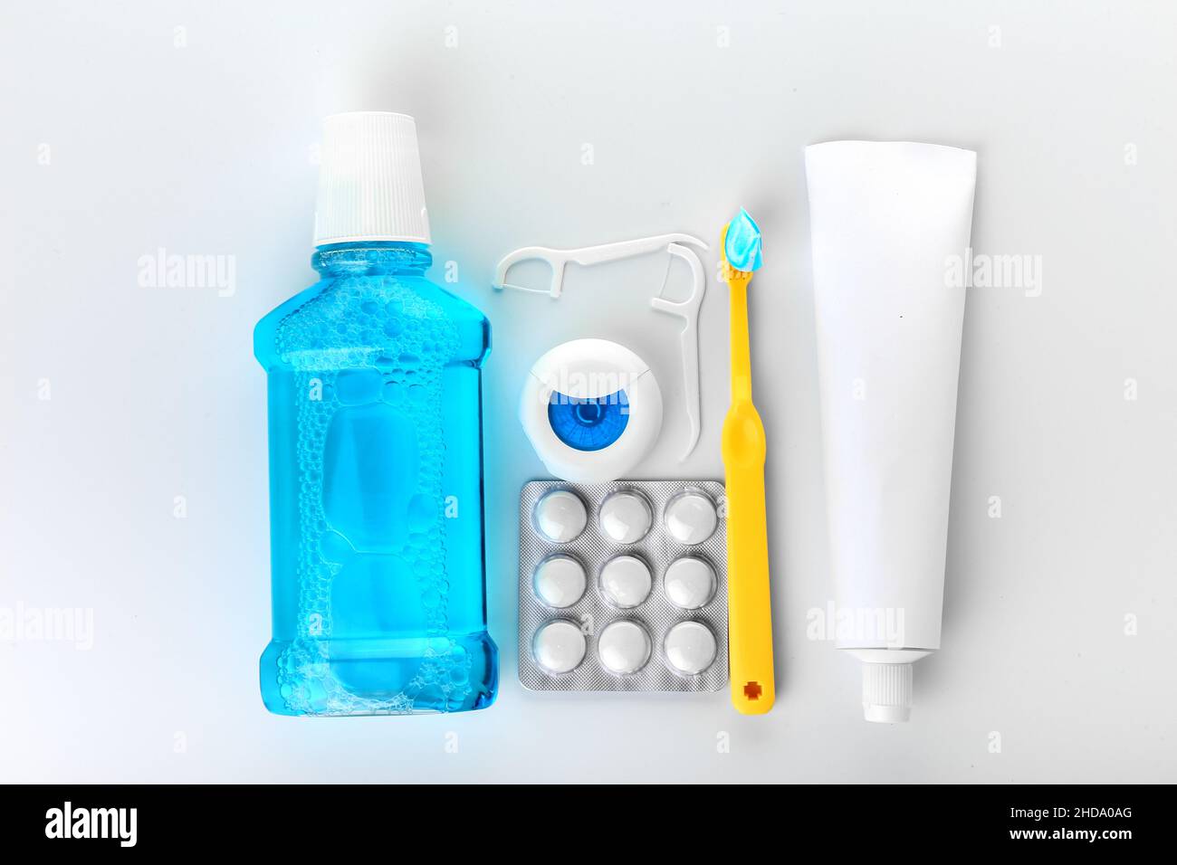 Set of dental hygiene on white background Stock Photo - Alamy