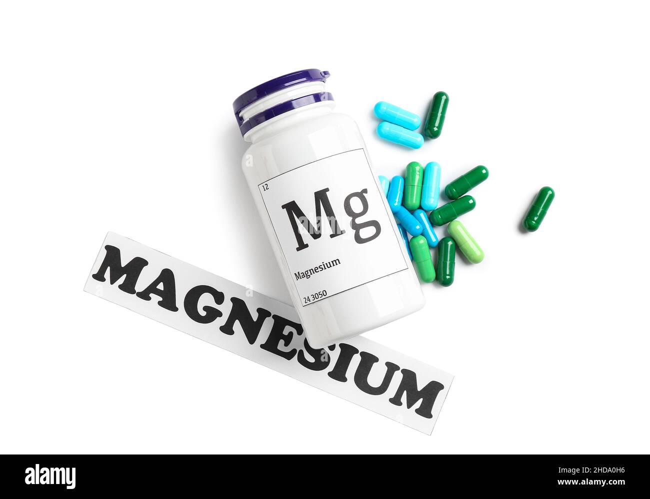 Bottle of pills and word MAGNESIUM on white background Stock Photo - Alamy