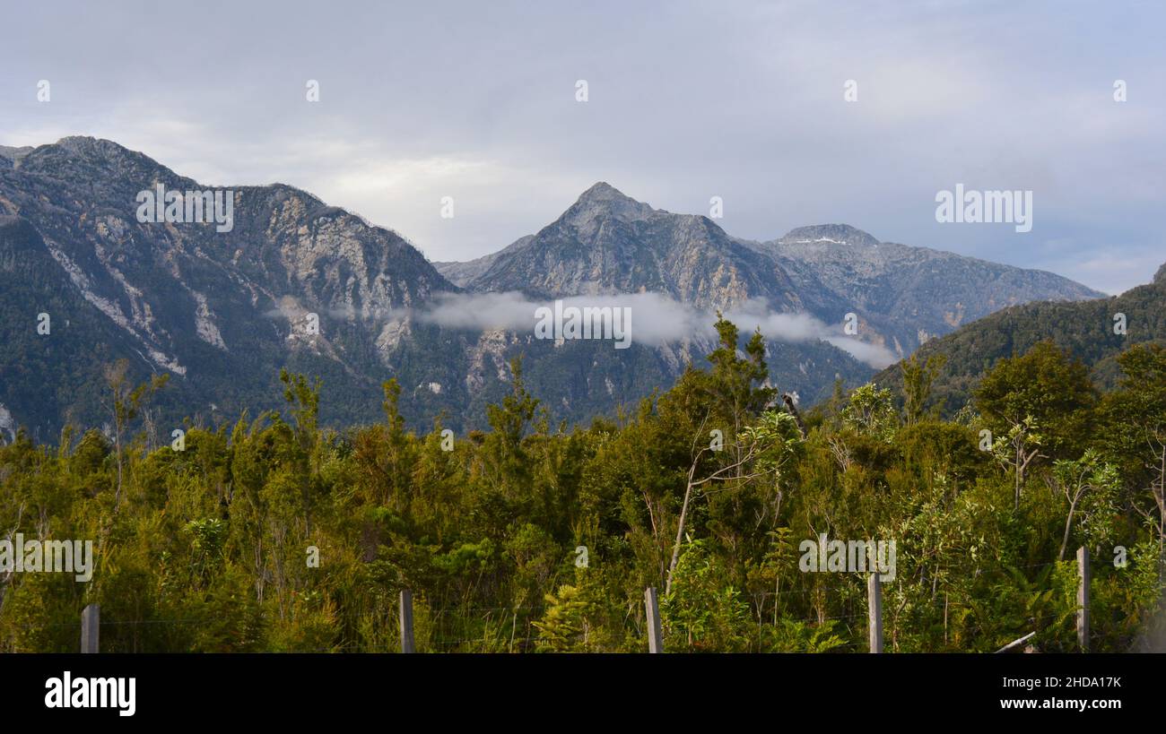 landscape of mountains forest and low clouds in the austral highway ...