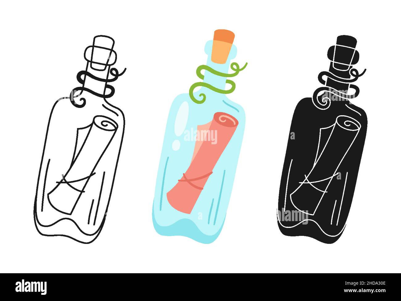 Sea message cartoon hand drawn or stamp, doodle outline set. Icon ocean ...