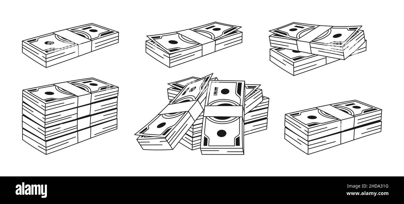 Money cash dollar pile cartoon doodle outline set. Hundreds paper stack ...