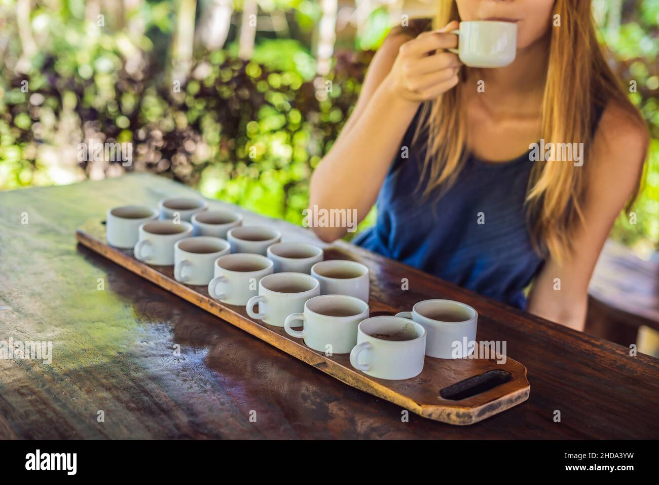 Tasting various types of coffee and tea, including coffee Luwak Stock ...
