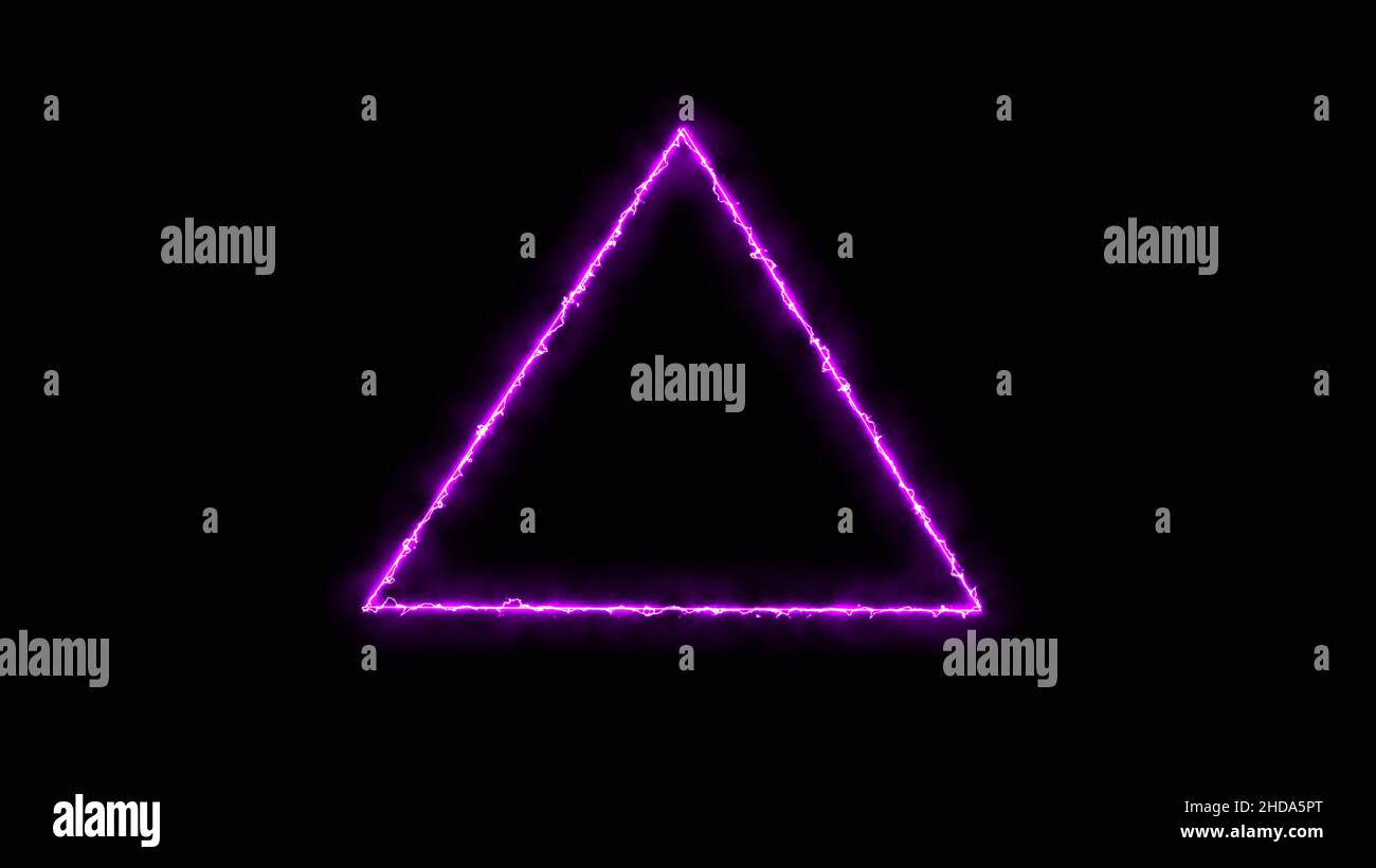 Empty purple triangle frame with electric power border glowing, burning ...