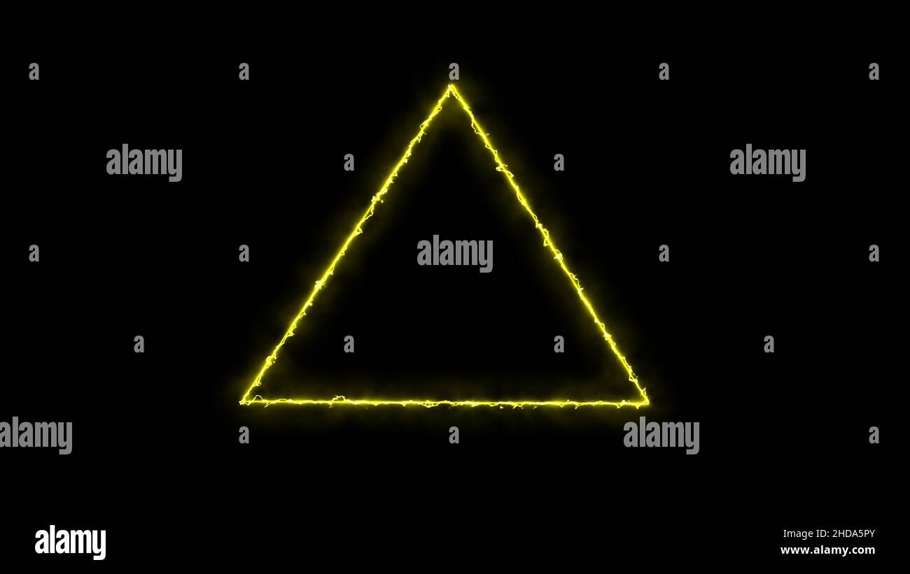 Empty yellow triangle frame with electric power border glowing, burning ...
