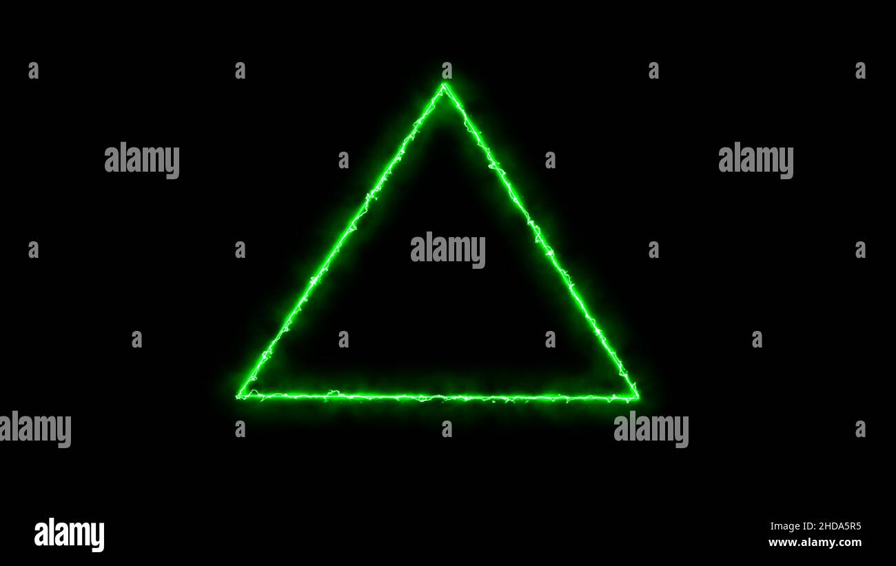 Empty green triangle frame with electric power border glowing, burning ...