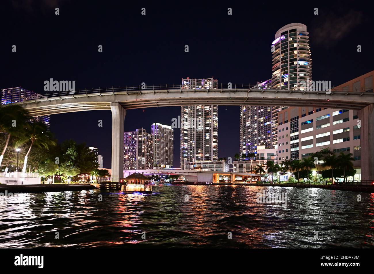 Brightly illuminated office and residential buildings on Miami River in ...