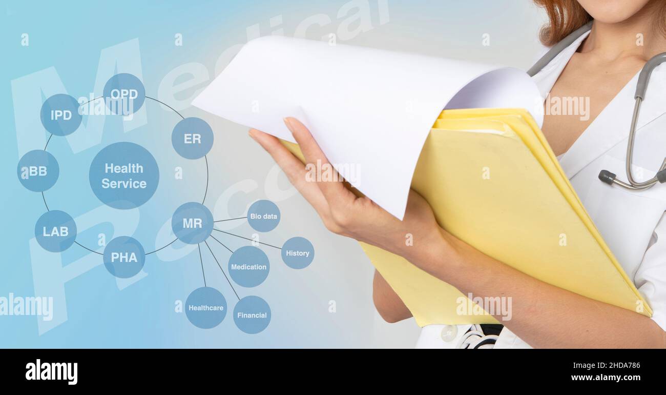 Female doctor working on paper work infront of health service flowchart ...