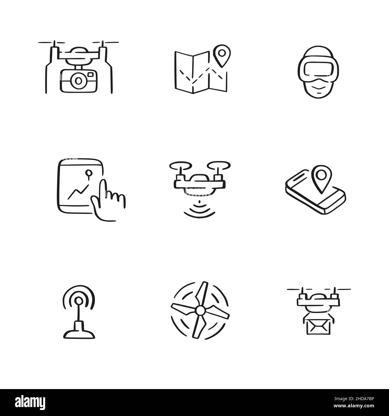 Set of drone related icons. Camera mounts, controller, front view and ...
