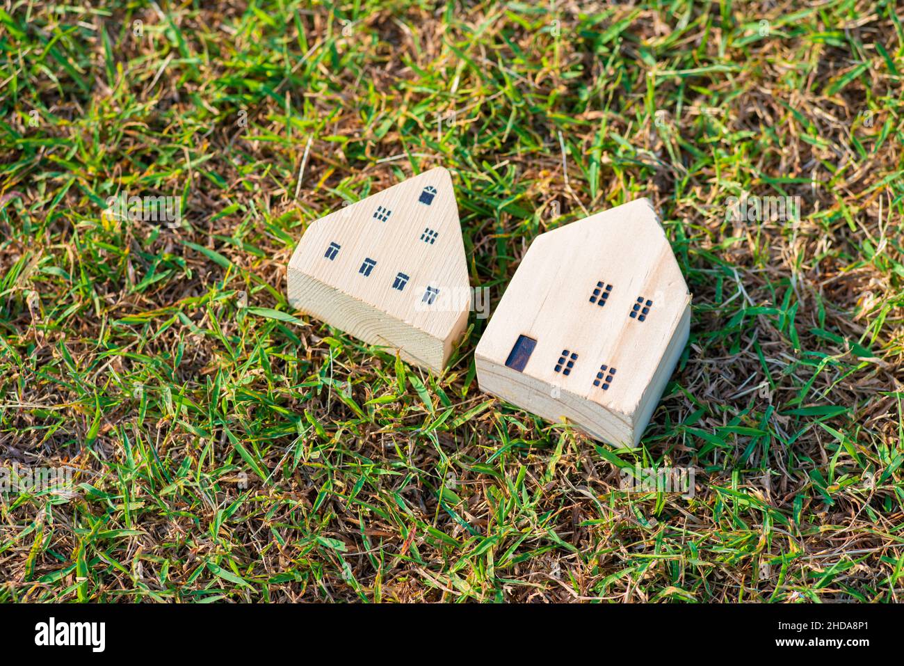 House wood model on green grass asset business concept Stock Photo - Alamy
