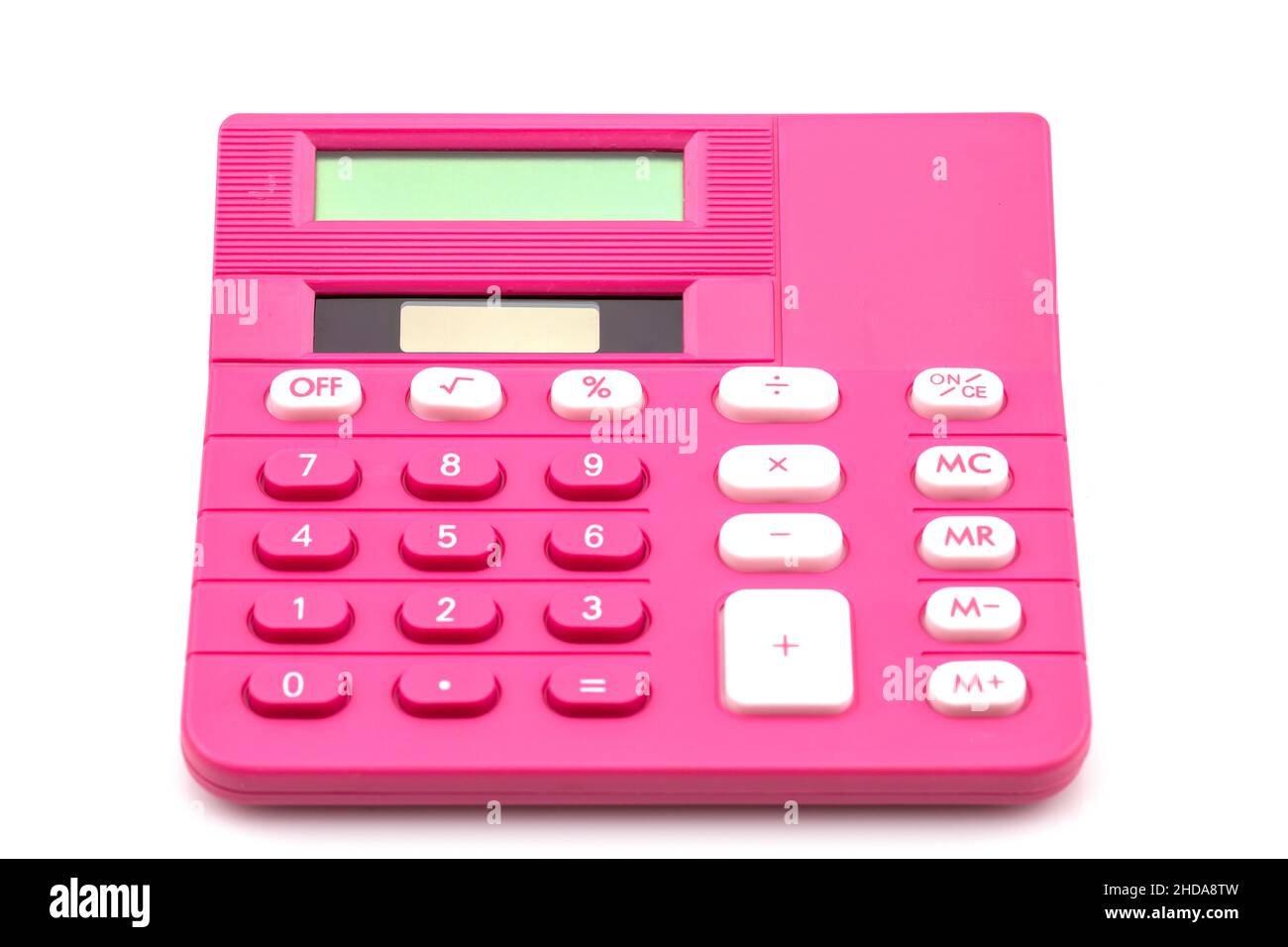 Pink calculator on white background Stock Photo - Alamy
