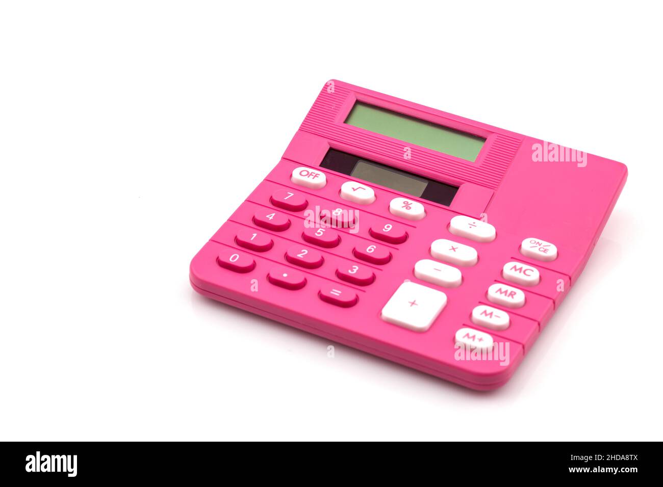 Pink calculator on white background Stock Photo - Alamy