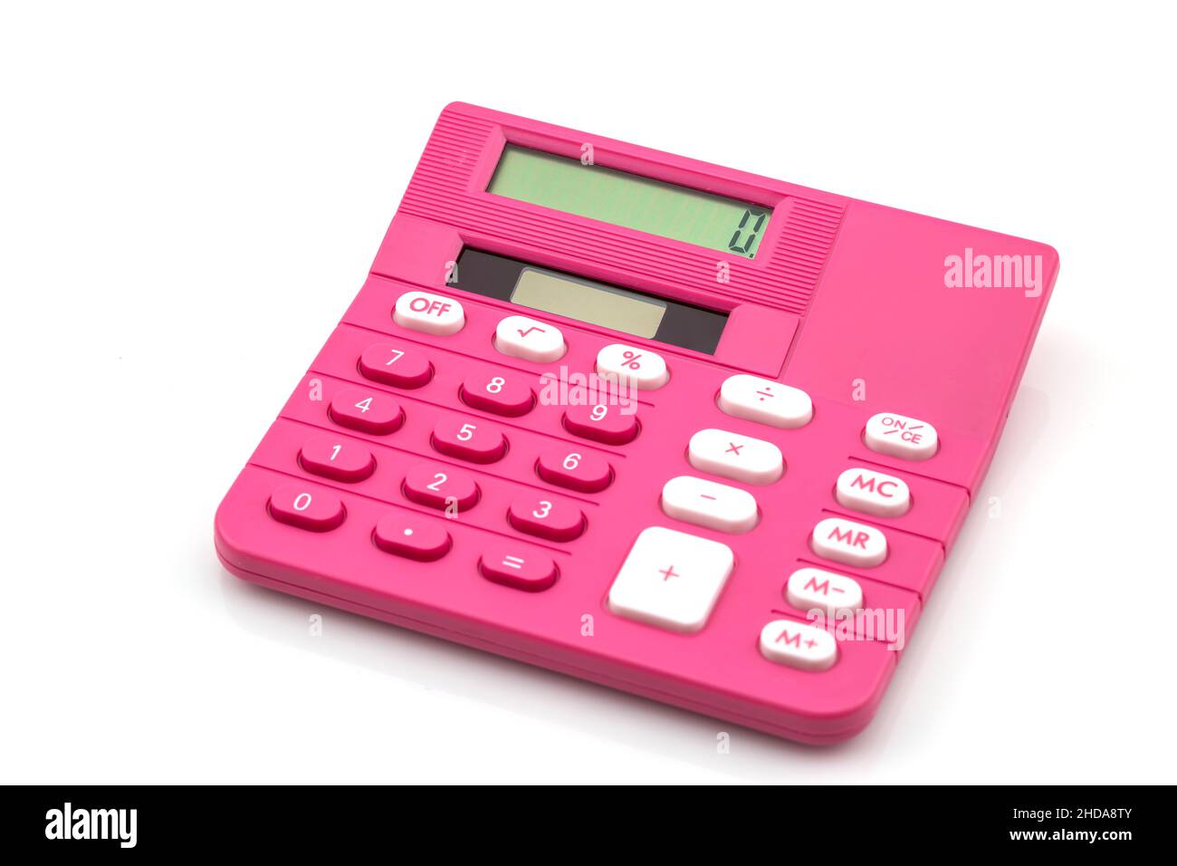 Pink calculator on white background Stock Photo - Alamy