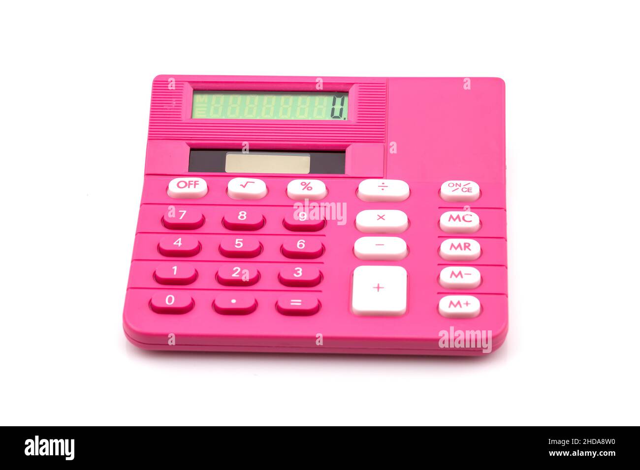 Pink calculator on white background Stock Photo - Alamy