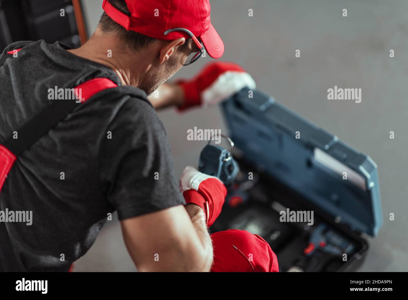 Caucasian Contract Worker Preparing His Power Tools For a New Job ...