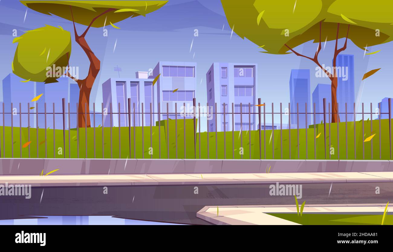 City street at rainy weather, urban skyline with skyscrapers, green wet ...