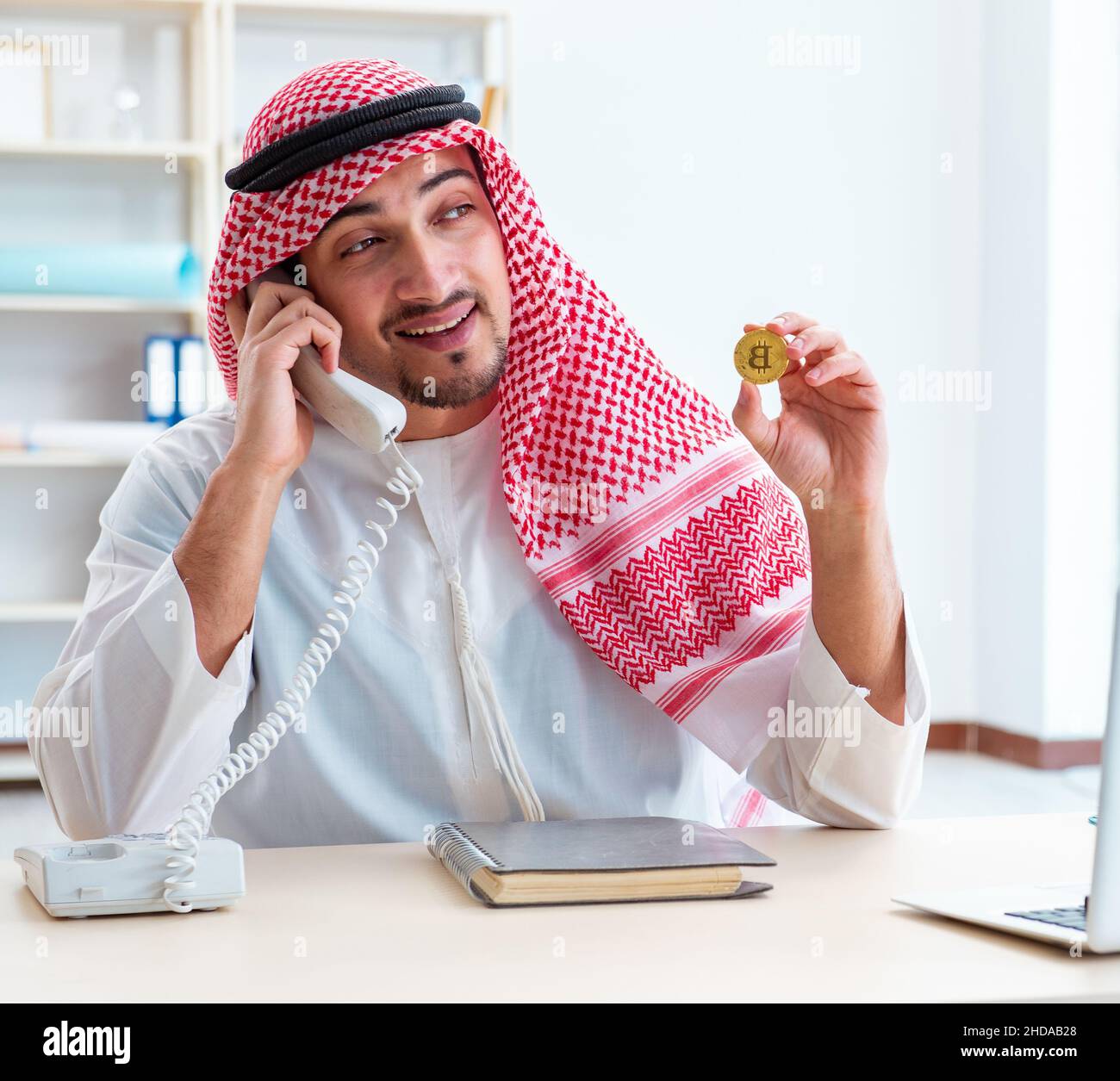 The arab man with bitcoin in cryptocurrency mining concept Stock Photo ...