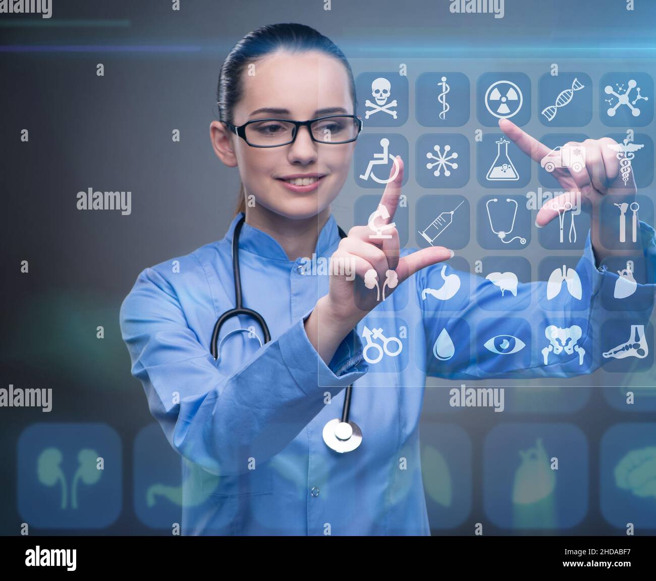 The woman doctor pressing buttons with various medical icons Stock ...