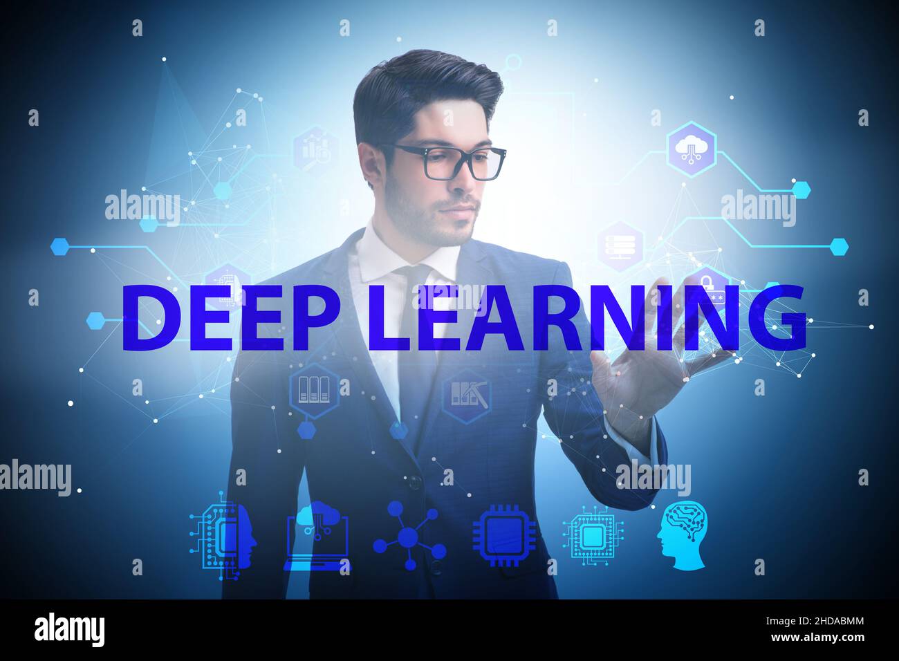 Deep learning concept with the businessman pressing button Stock Photo ...