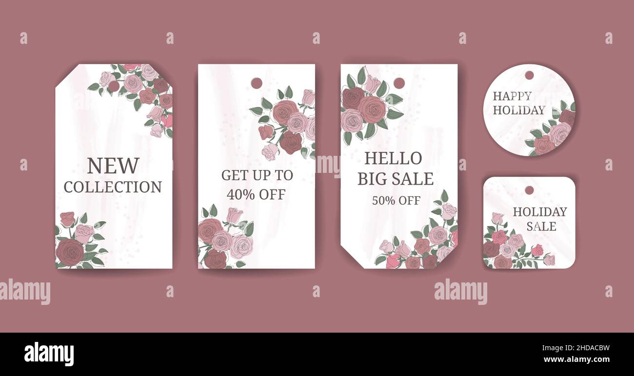 Set of colorful tags with floral background of various shapes. Based on ...