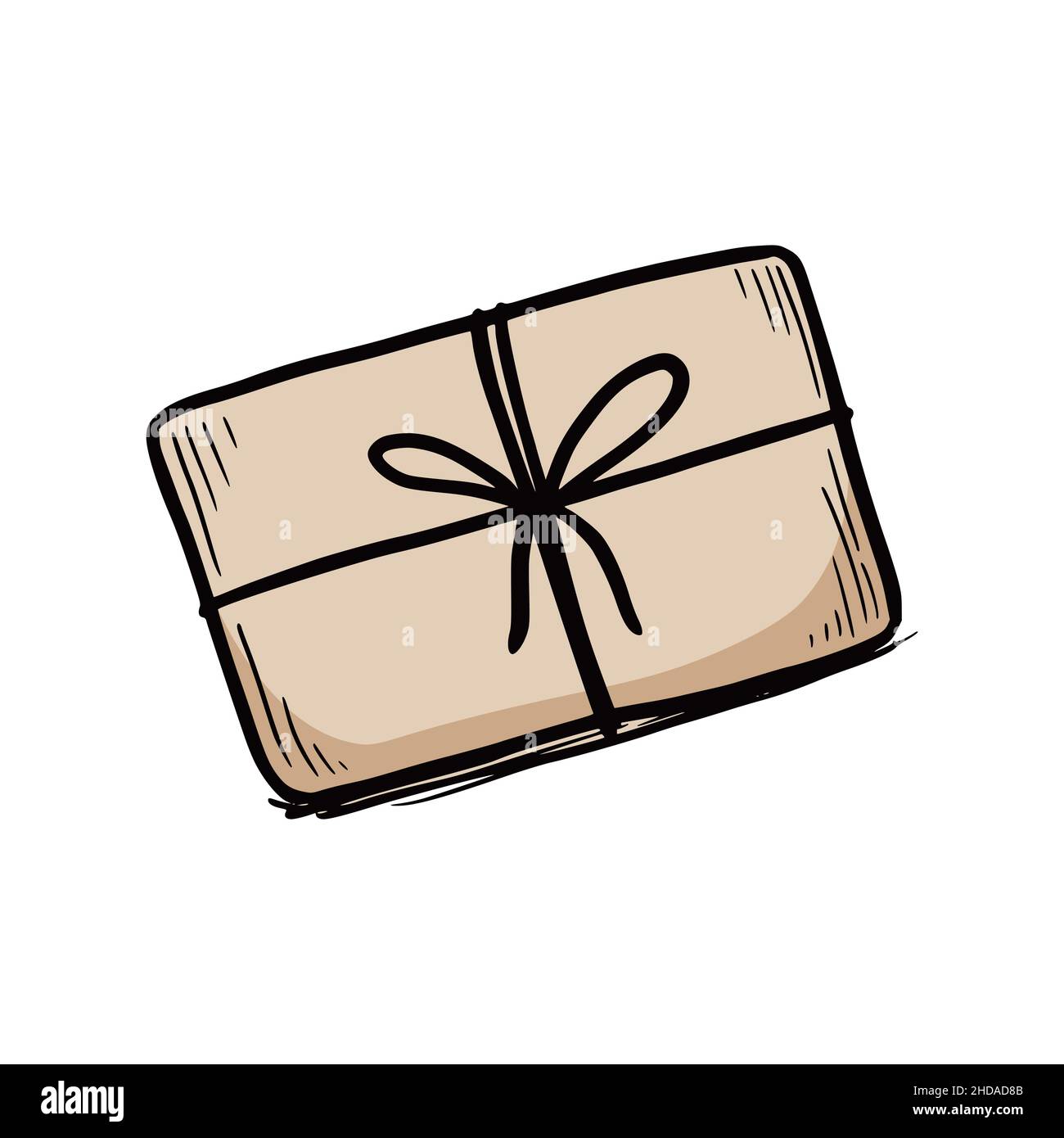 Hand drawn gift box with craft paper, top view. Sketch doodle style ...