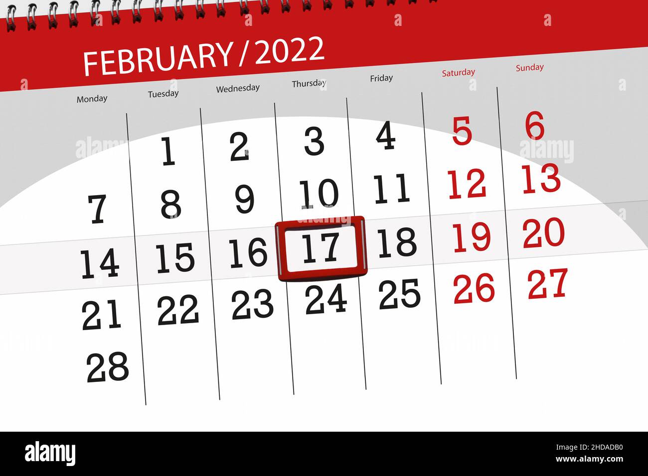 Calendar planner for the month february 2022, deadline day, 17 ...