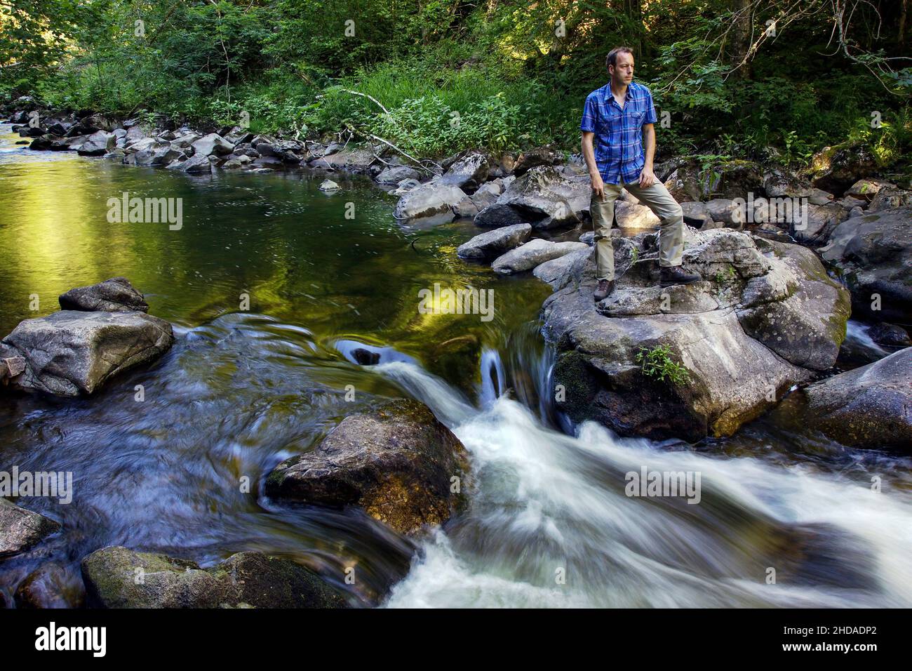 a thoughtful man sits in the Wutach Gorge in the Black Forest Stock ...
