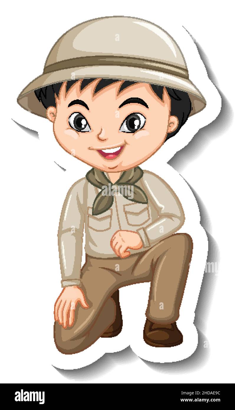 Boy in safari outfit cartoon character sticker illustration Stock ...