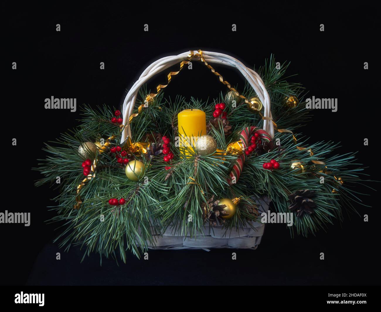 Still life with Christmas tree and decorations Stock Photo - Alamy