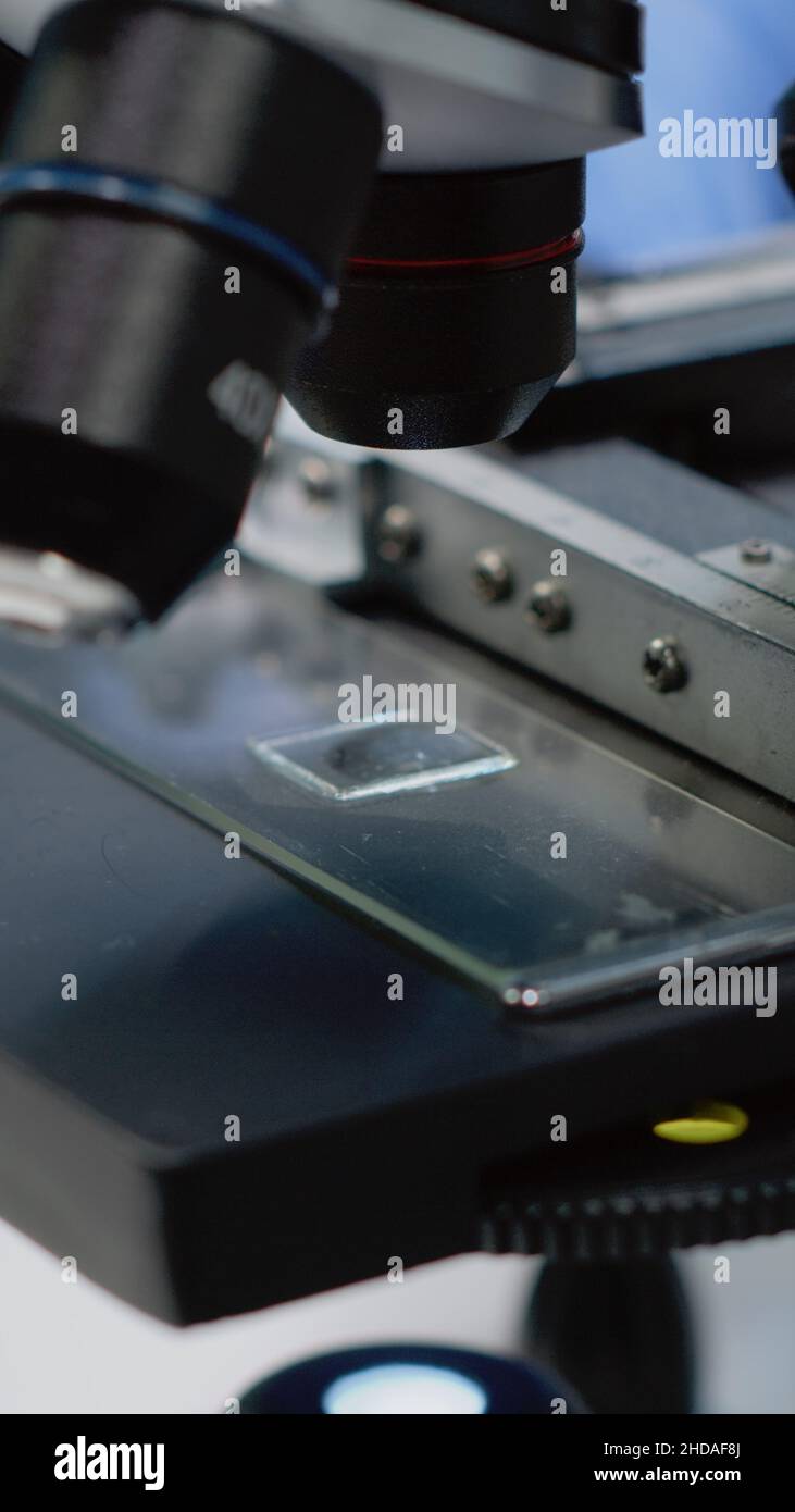 Close up of microscopic sample tray for optical analysis in laboratory ...